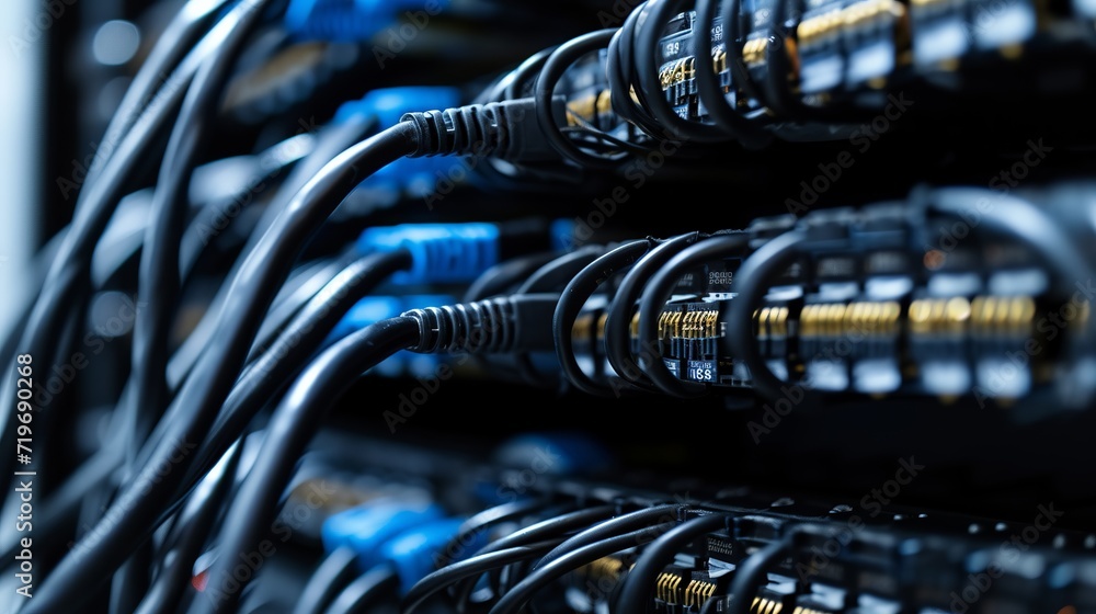 ภาพประกอบสต็อก Large group of UTP cables, Ethernet cables in rack ...