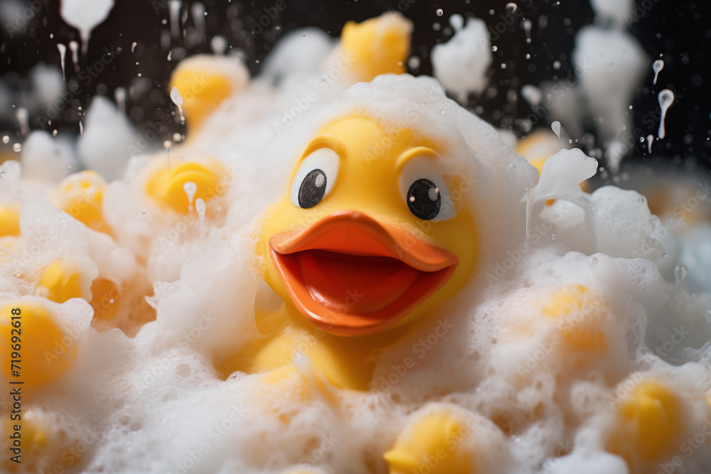 Quietscheente mit ganz viel Schaum in der Badewanne, Glückliches ...