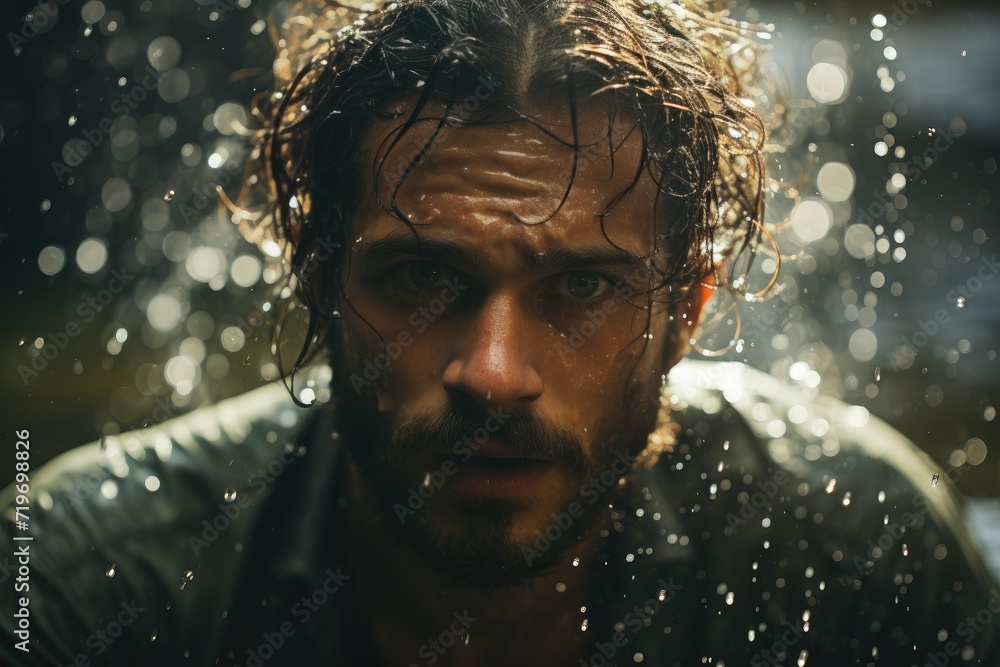 Fotka „A rugged, weathered man stares intensely at the camera, his wet ...