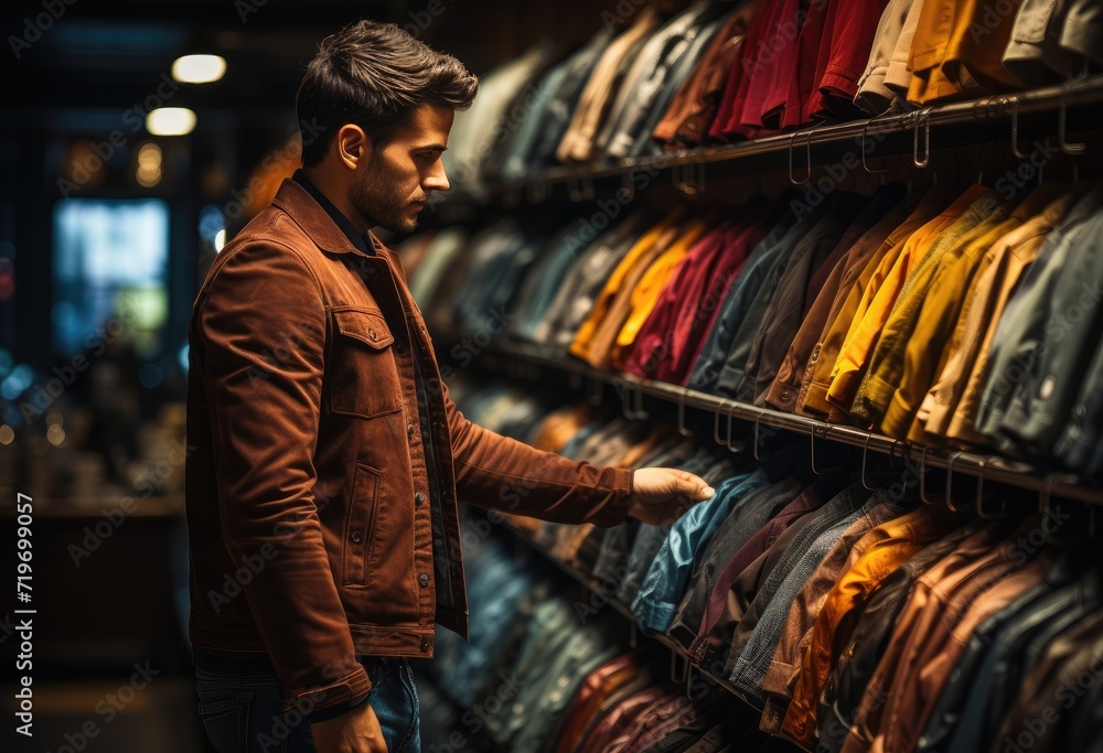 Amidst the bustling street, a man stands in a retail store, gazing at a ...