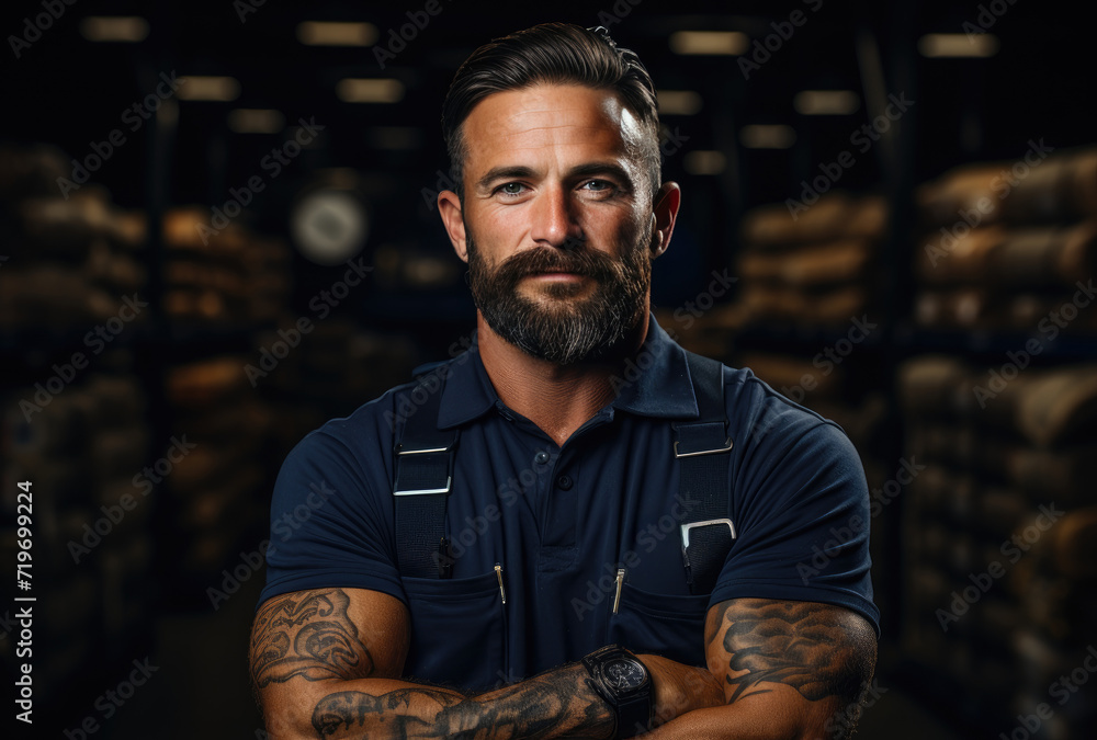 A rugged man with a heavily tattooed arm gazes intensely, his scruffy ...