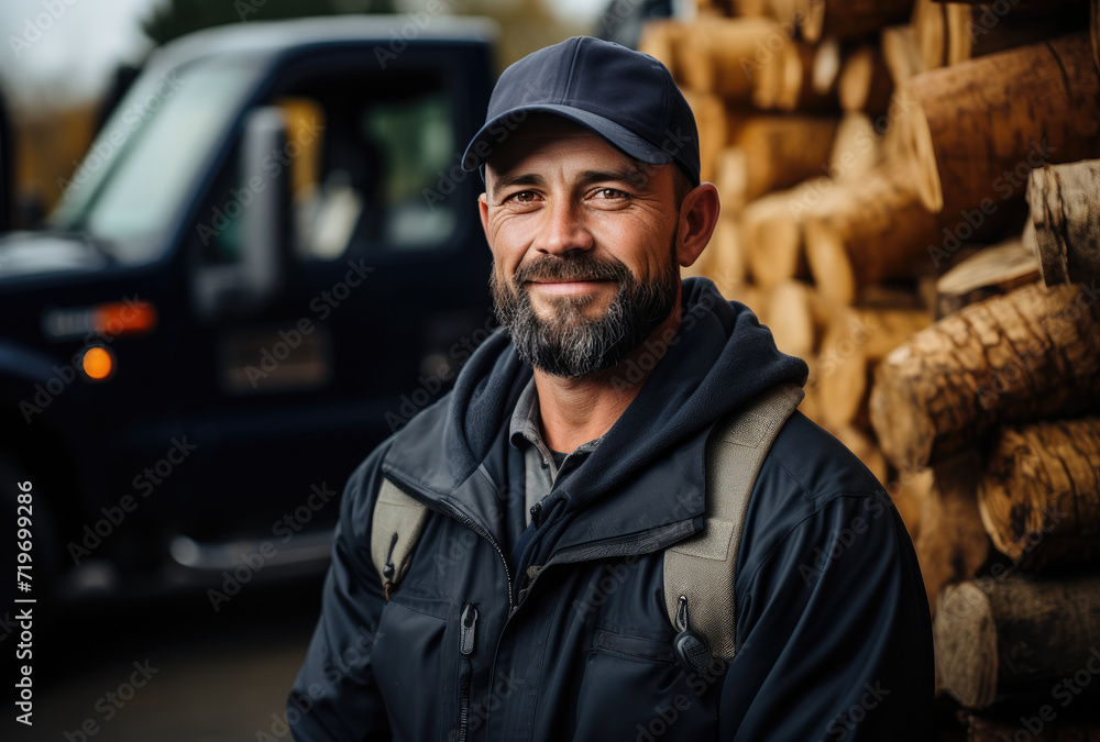 A rugged man with a thick beard and a cap stands confidently in front ...