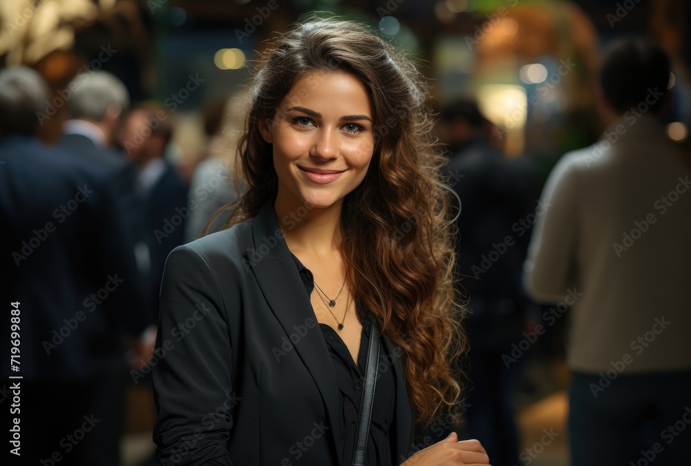 A stylish lady radiates confidence and joy as she stands on a bustling ...