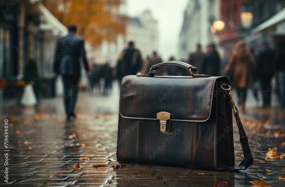 A forgotten briefcase sits on the wet sidewalk, a lone accessory ...