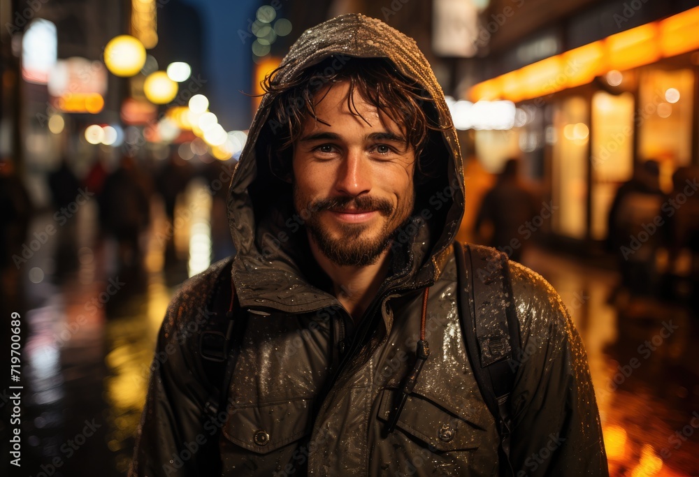 A lone man, face obscured by a raincoat, stands in the bustling city ...