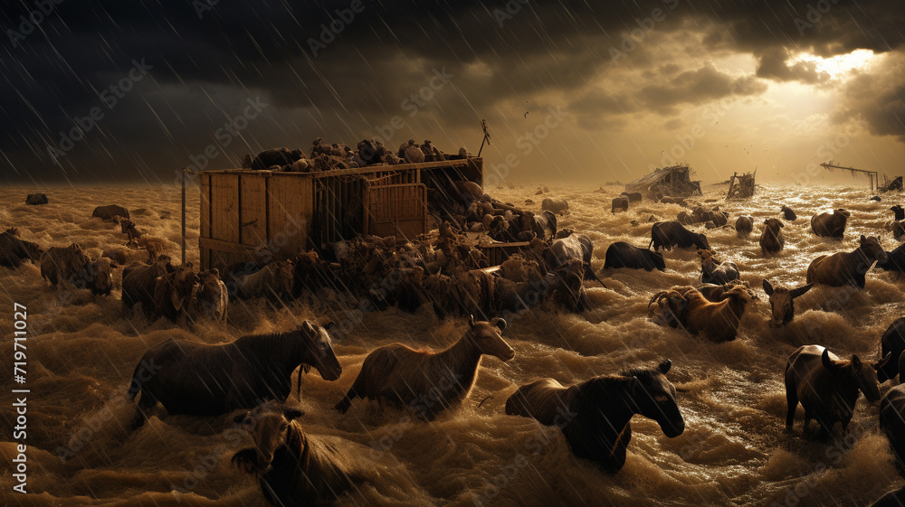Noah's Ark, animals in the storm, bad weather, rain, sea, boat flood ...