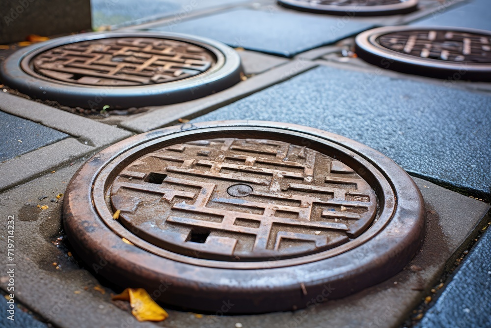 Manhole cover on the street. Close up. Drainage system. Manhole covers ...