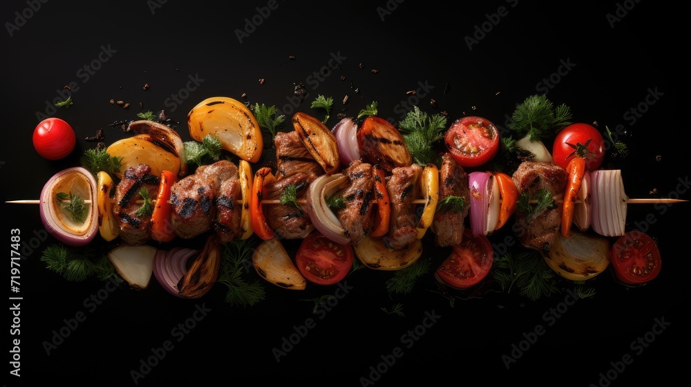 details of kebab meat, onions and tomatoes. The grill marks on the meat ...