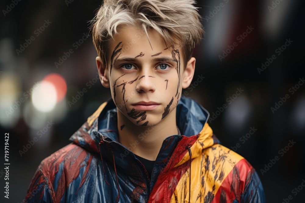 A young boy stands proudly on the busy street, his hair windswept and ...