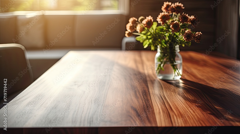 wooden table in the foreground with flowers in a vase and blurred ...