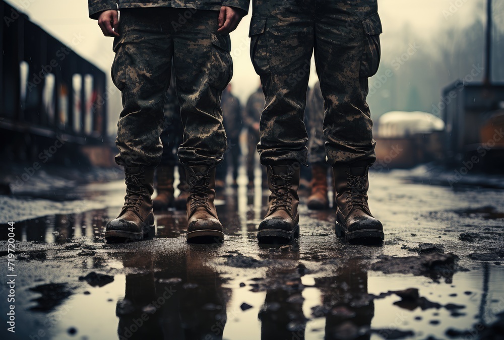 A stoic group of soldiers, their uniforms drenched from the outdoor ...