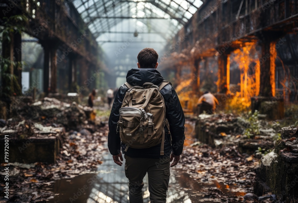 A lone figure stands amidst the rubble of a once grand building, his ...