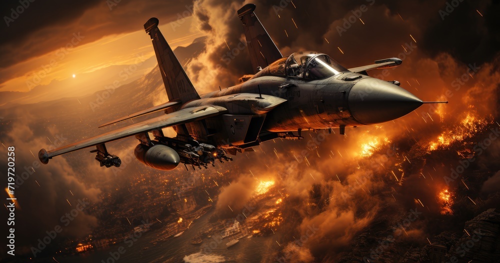 A powerful military aircraft soars through the sky, leaving a trail of ...