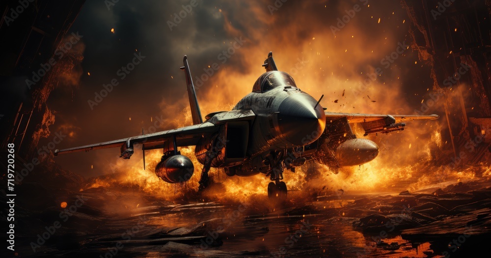 A powerful fighter jet roars to life, its sleek body and blazing engine ...
