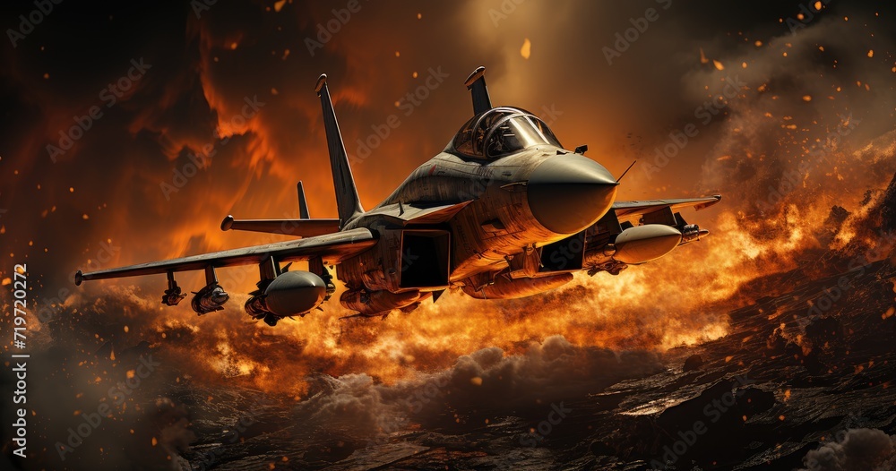 A fiery fighter jet soars through the sky, its powerful engine ...