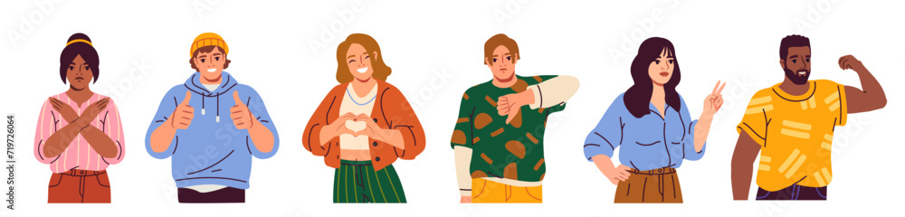 Set of people showing different gestures. Men and women express ...