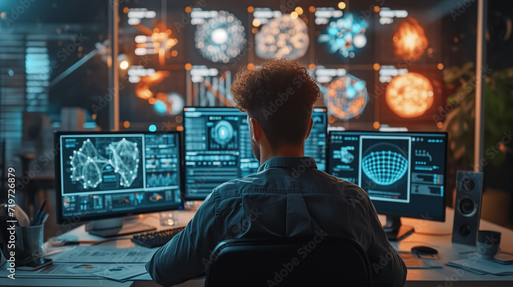 Analyst studying complex data visualizations on multiple screens in a high-tech dark office ...