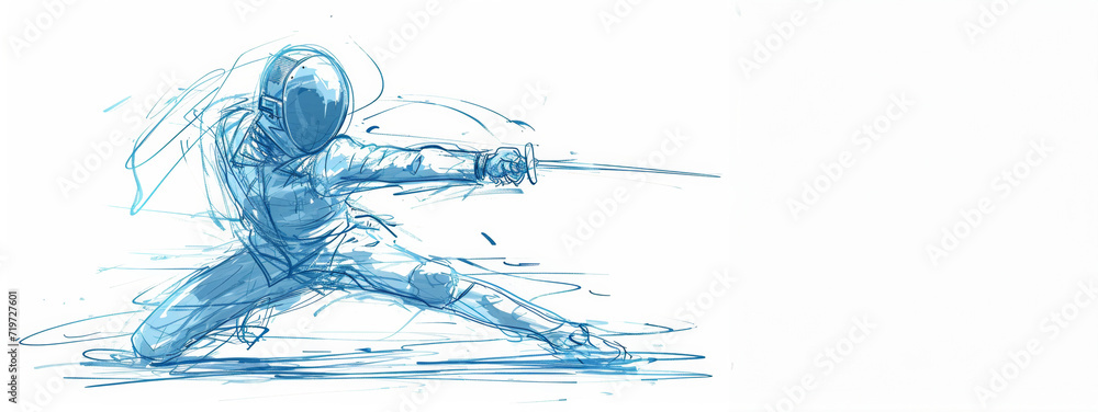 Watercolor sketch of a fencer in a lunge, the blue tones conveying the ...