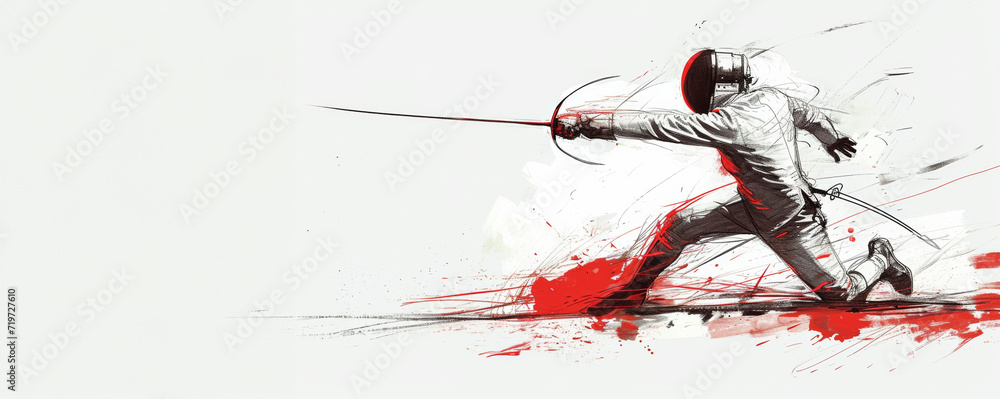 Fencer in red, captured in a vibrant splash of watercolor, evokes the ...