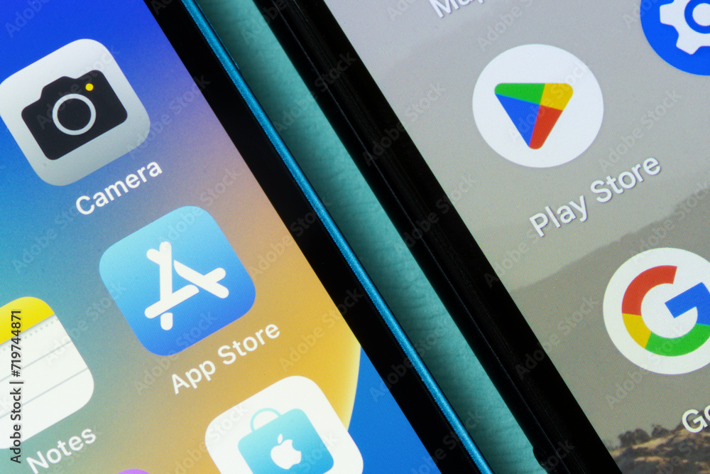 Portland, OR, USA - Jan 25, 2024: Apple App Store and Google Play Store ...