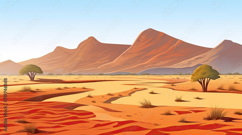 cartoon illustration desert landscape, sandy expanses, undulating dunes ...