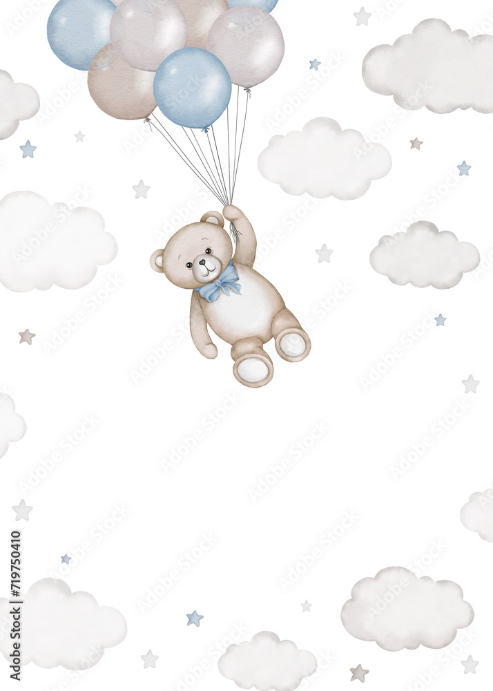 Сhildren's border frame illustration - teddy bear flies with air ...