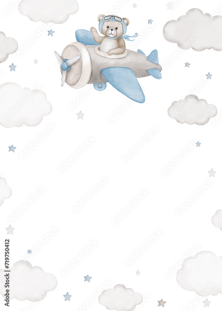 Сhildren's border frame illustration - teddy bear flies in toy airplane ...