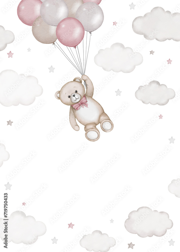 Сhildren's border frame illustration - teddy bear flies with air ...