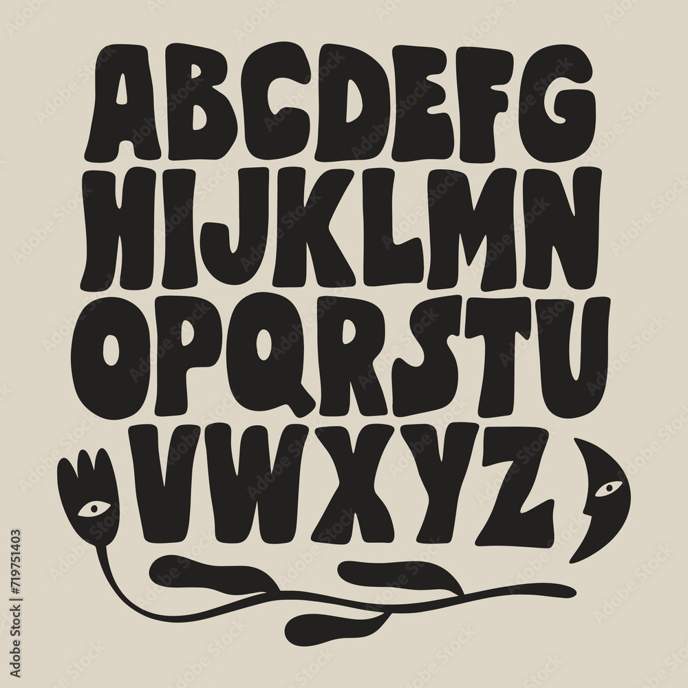 Hippie bohemian groovy postmodern funky font alphabet 1960s boho ...
