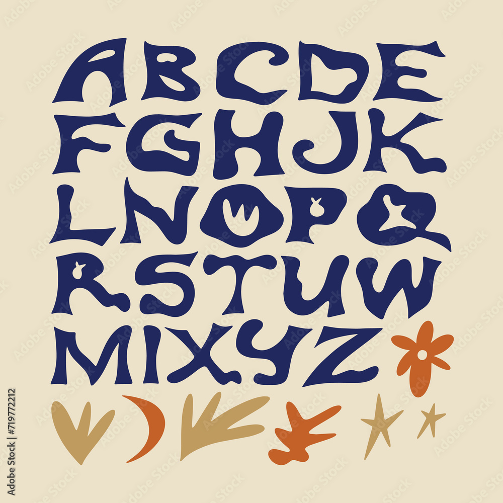 Hippie bohemian groovy postmodern funky font alphabet 1960s boho ...