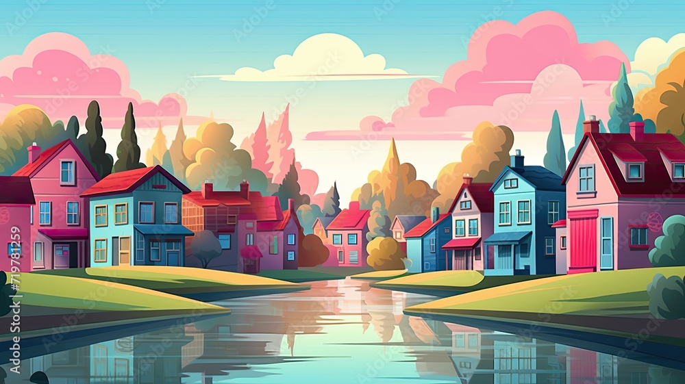 cartoon illustration Village. houses lined up on either side of a calm ...