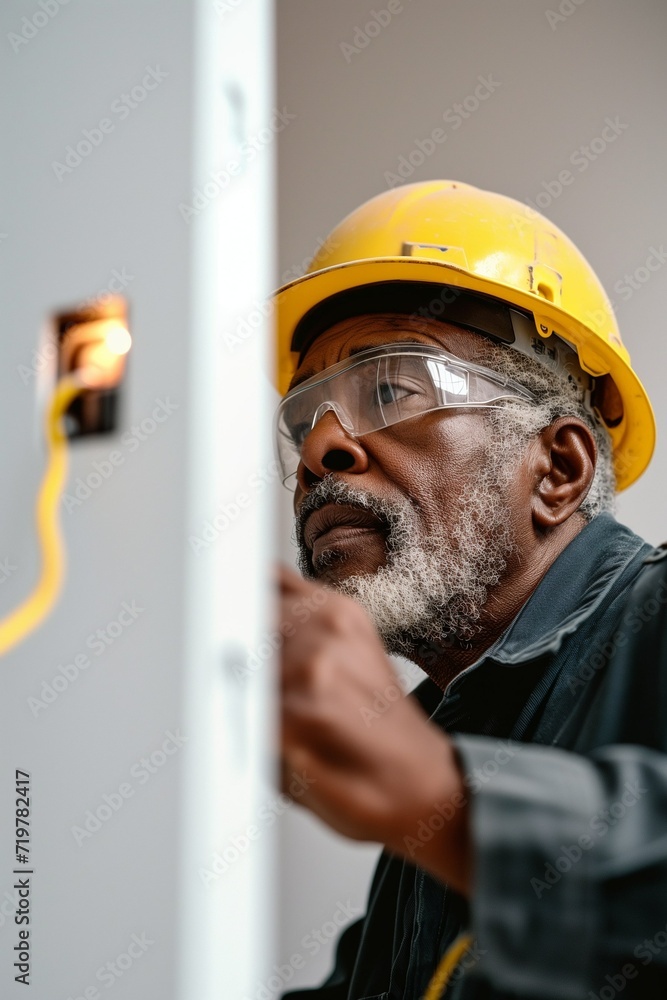 Professional electrician technician in orange helmet uniform installing ...