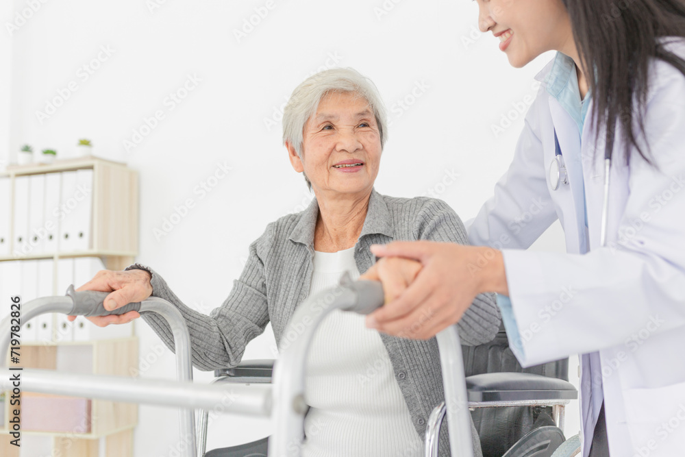 walk training and rehabilitation process, old asian stroke patient ...