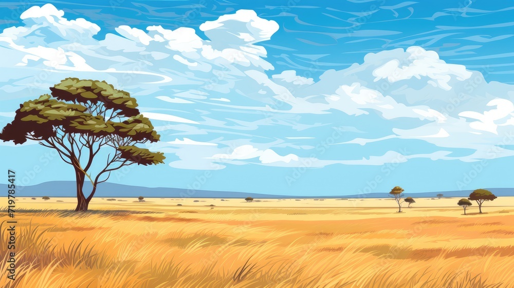 cartoon illustration savannah landscape, golden grasslands stretching ...