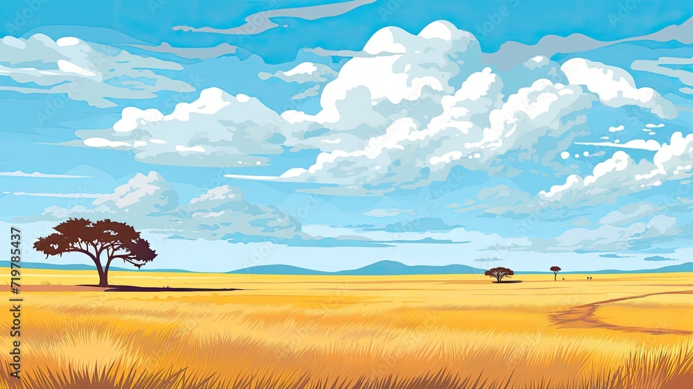 cartoon illustration savannah landscape, golden grasslands stretching ...