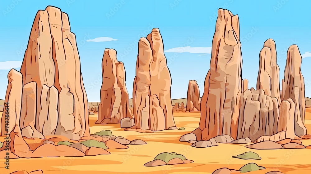 cartoon illustration desert landscape, dominated by towering rock ...