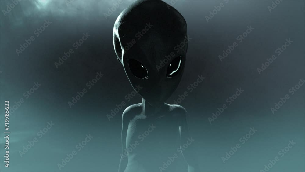 3D CGI mid to close-up shot of a classic, shiny-skinned Roswell grey ...