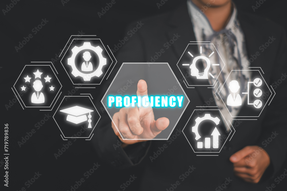 Proficiency concept, Business woman hand touching proficiency icon on ...