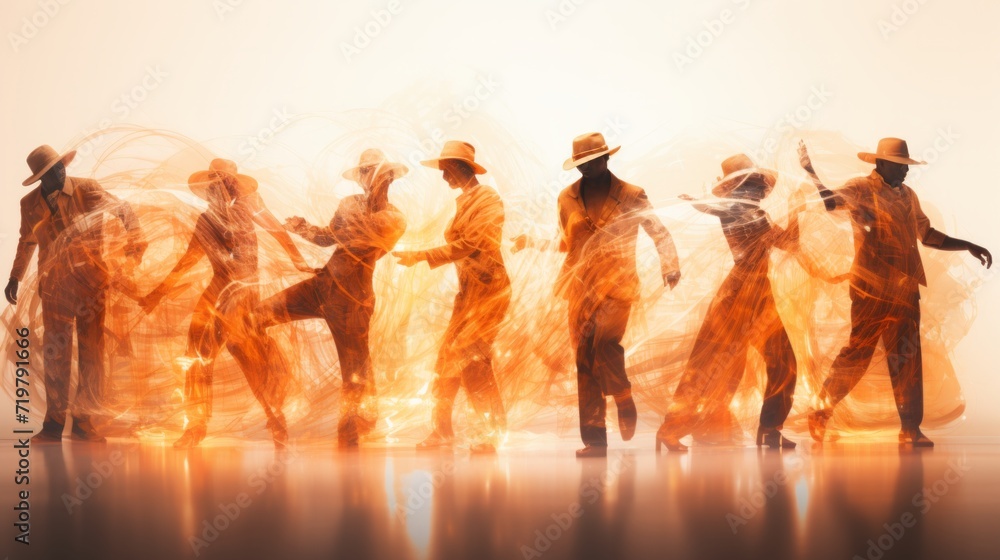 A realistic multiple exposure photo of rhumba dancers illuminated ...