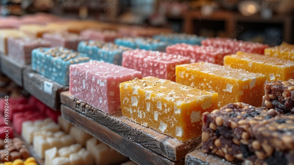 Nougat sweets in different shapes in close-up. Nougats with a colorful ...