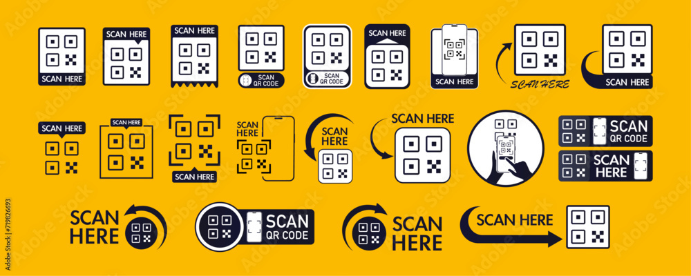 Set of QR code scan icon and sticker for mobile apps and payments. QR code scan for smartphone ...