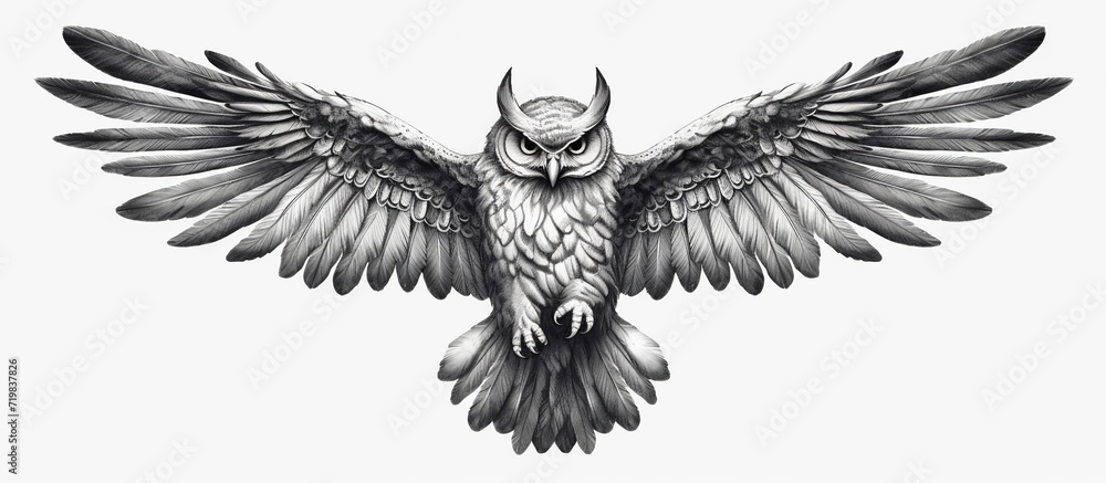 Swooping Great Horned Owl. Hand-drawn illustration. Line art. Stock ...
