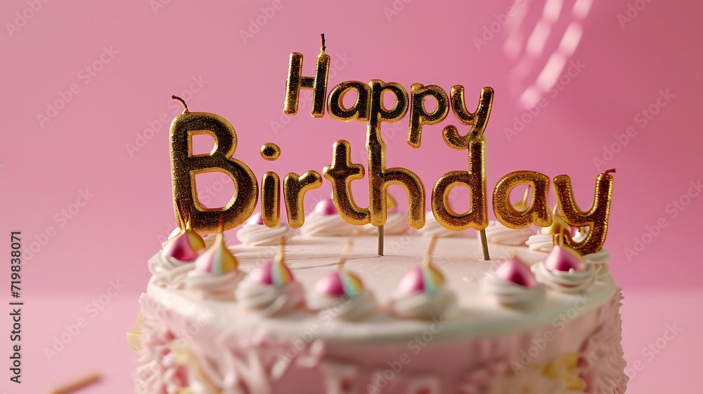 Celebration birthday cake with pink and gold birthday candles spelling ...
