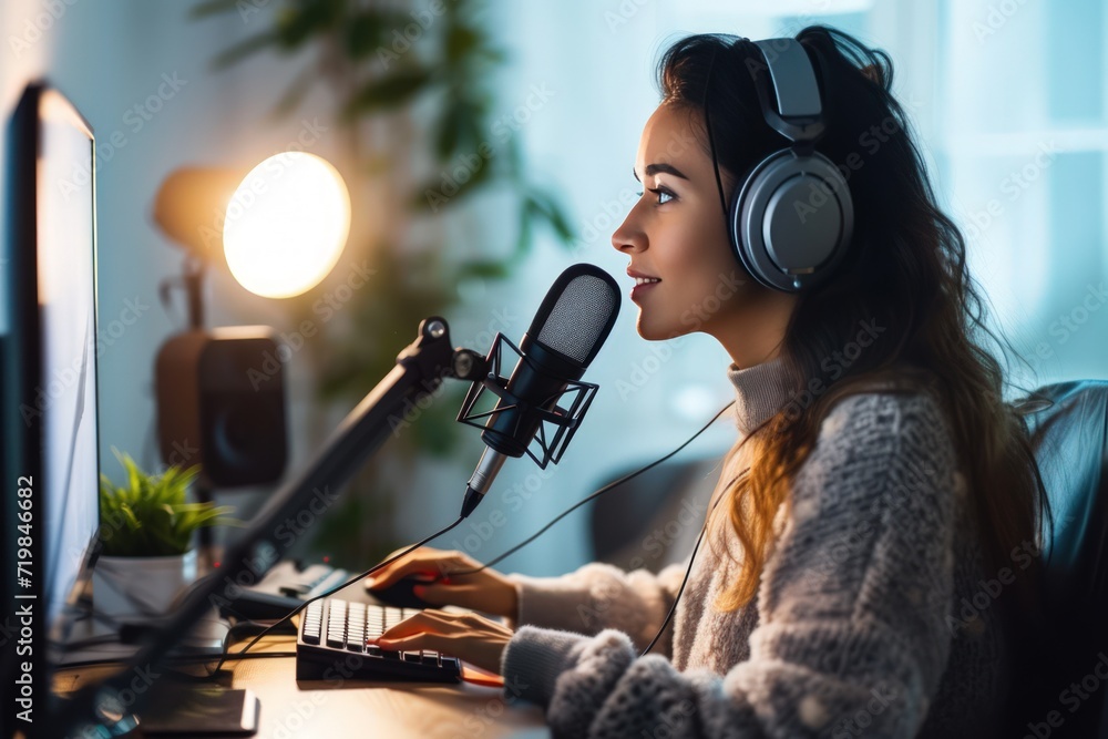 Professional female podcaster is diligently recording a podcast from ...