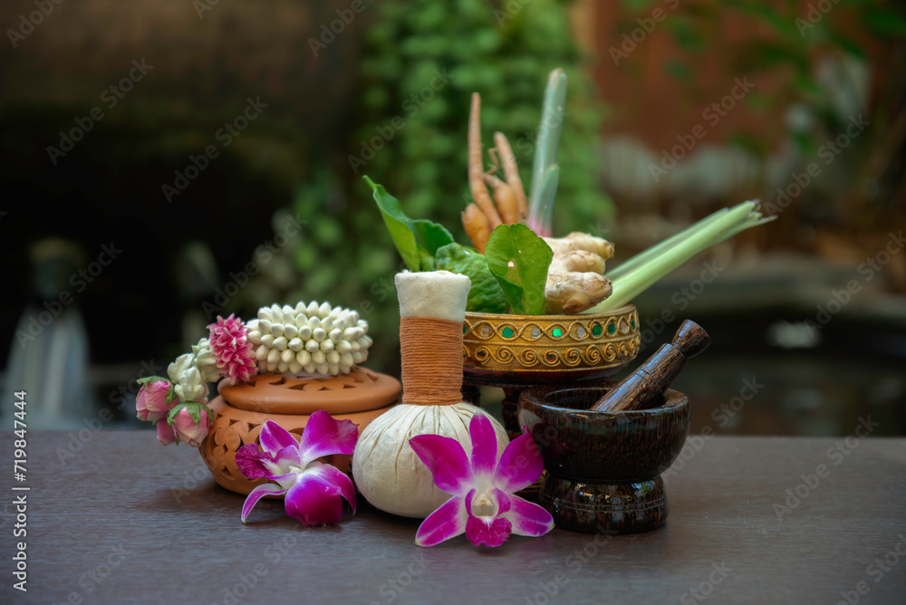Spa massage wellness decorations setting on wood table. Thai spa ...