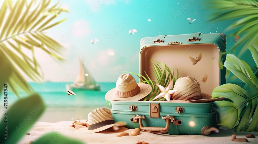 vacation travel time background with open travel suitcase - AI ...