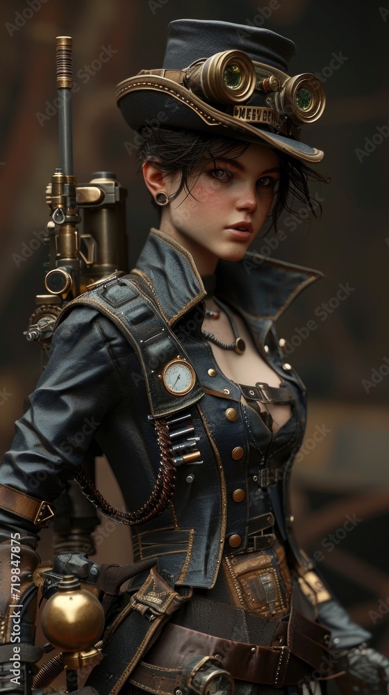 A female engineer with short hair and a steampunk top hat, holding a ...