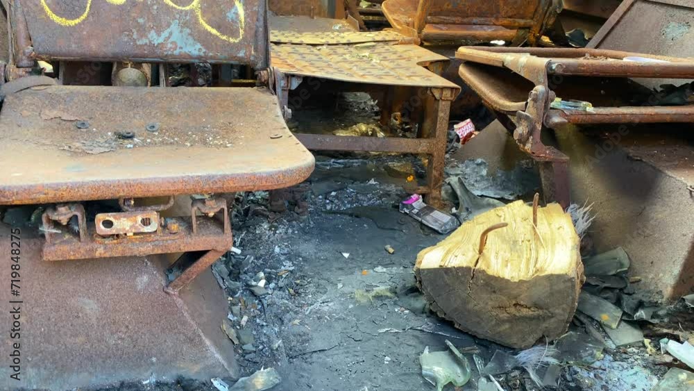Fully burned and destroyed inside of a big war tank in Mykhailivska ...