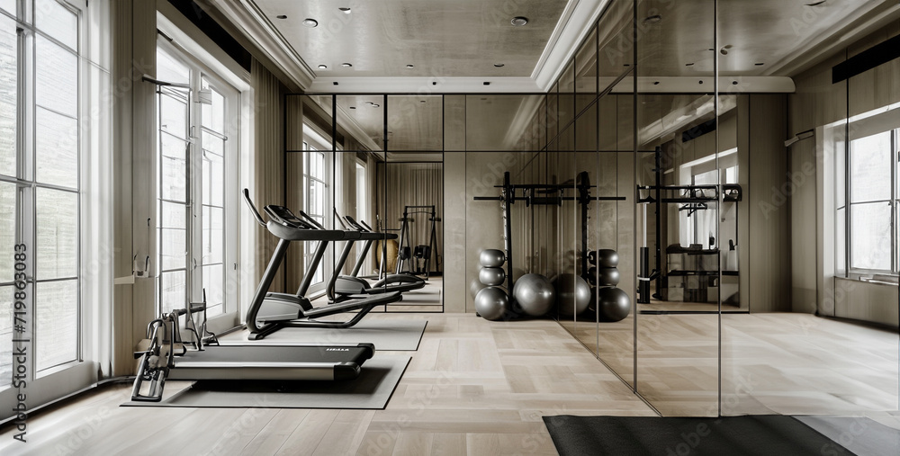 gym equipment on a treadmill, interior of a gym, person working out in ...