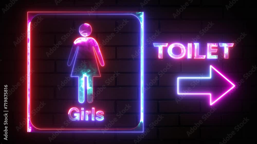 Girls arrow direction toilet signs in neon lights animation. Glowing ...